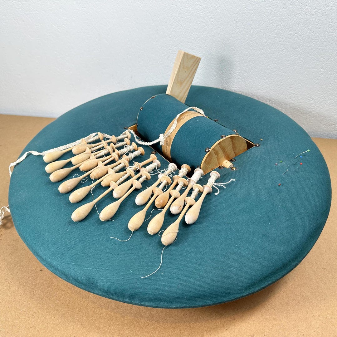 Vintage 1940s Oval Swedish Bobbin Lace Making Pillow Box With 20 Wooden ...