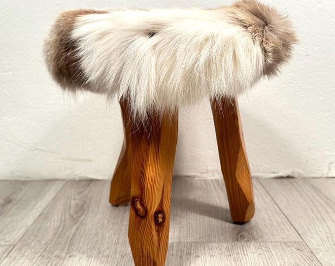 Vintage Wooden Deer Hide Stool – Scandinavian Reindeer Skin Ottoman ...