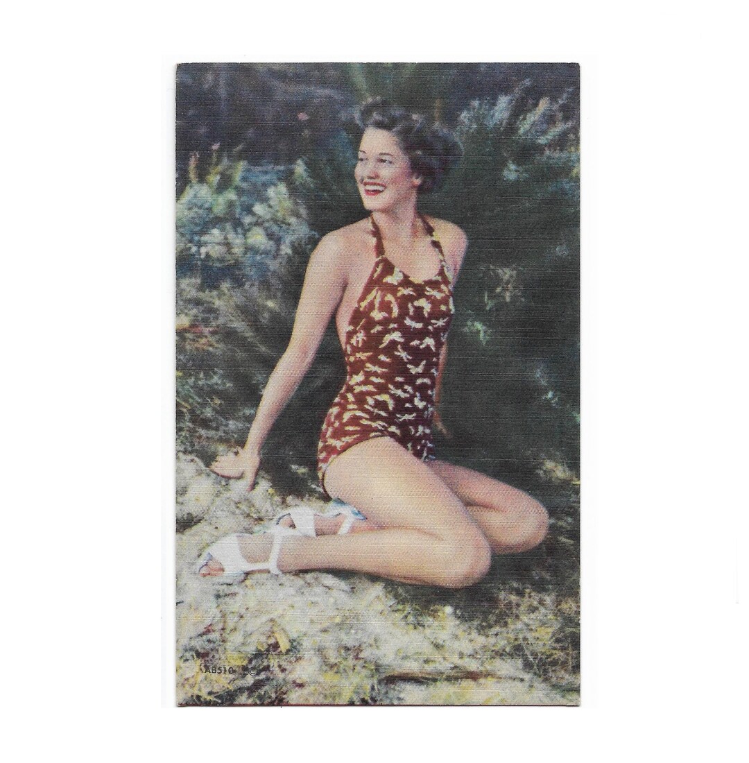 Swimsuit Model Brunette Pin up Girl in Bathing Suit 1940s Linen Postcard Bathing Beauty Beach ...