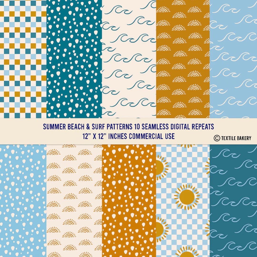 10 Boho Summer Retro Beach and Surf Patterns, Paper Pack, Seamless ...