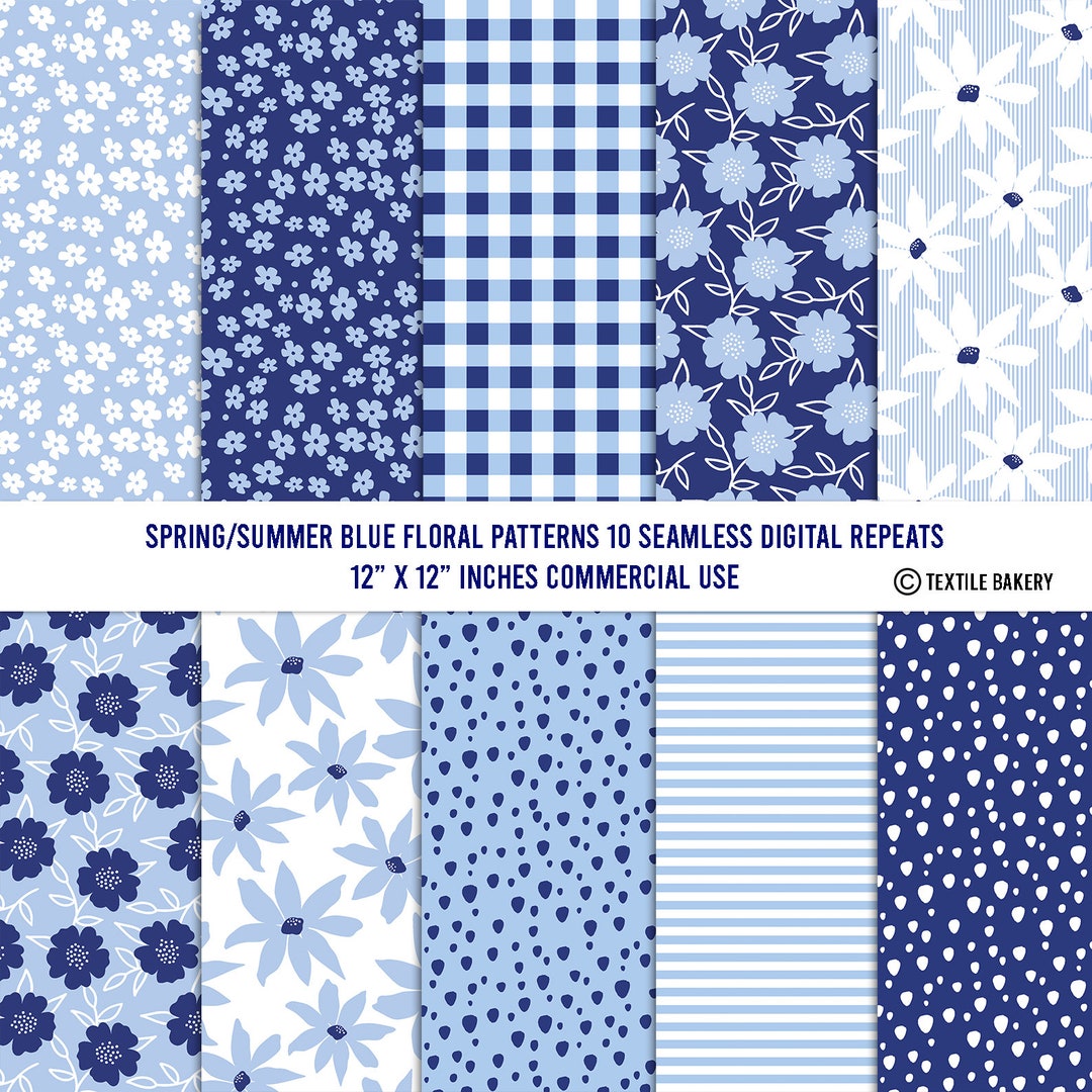 10 Spring Summer Blue Patterns, Paper Pack, Navy Pattern, Digital Paper ...