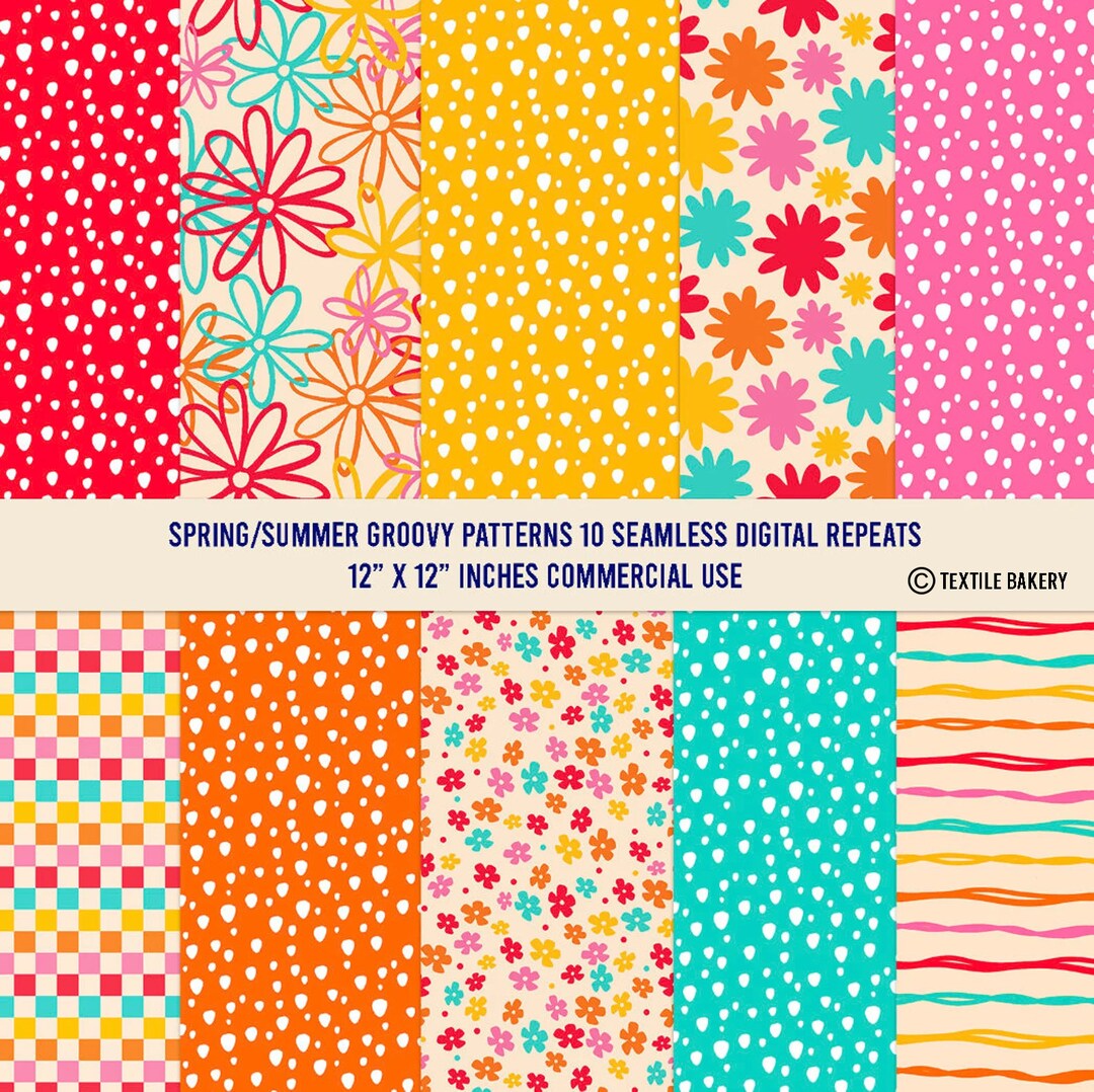 10 Groovy Retro Patterns, Paper Pack, Groovy Seamless Patterns, Digital ...