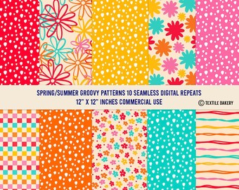 10 Groovy Retro Patterns, Paper Pack, Groovy Seamless Patterns, Digital ...