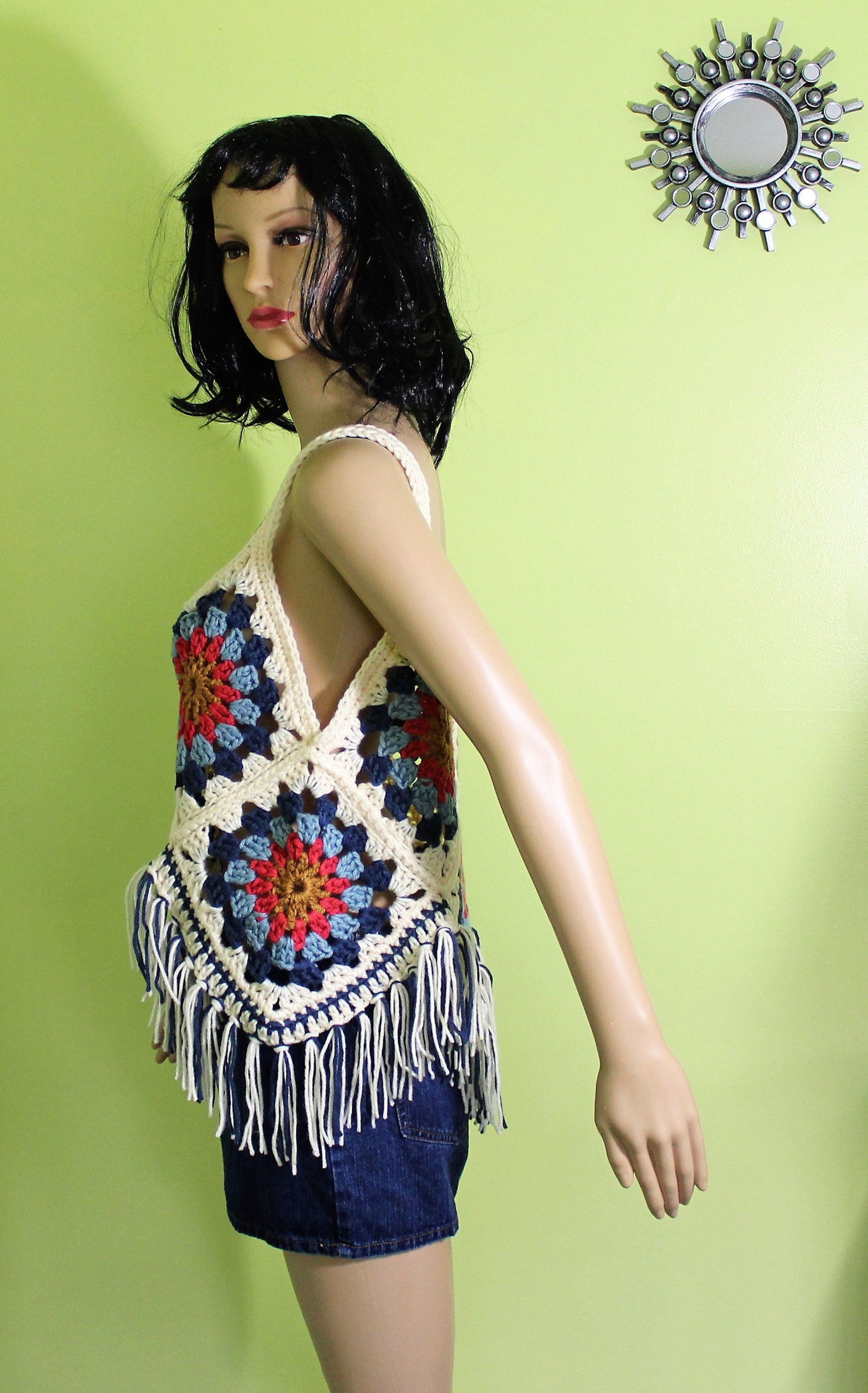 OOAK Women's Boho Granny Square Retro Style Tank Top, Crocheted Hippie ...
