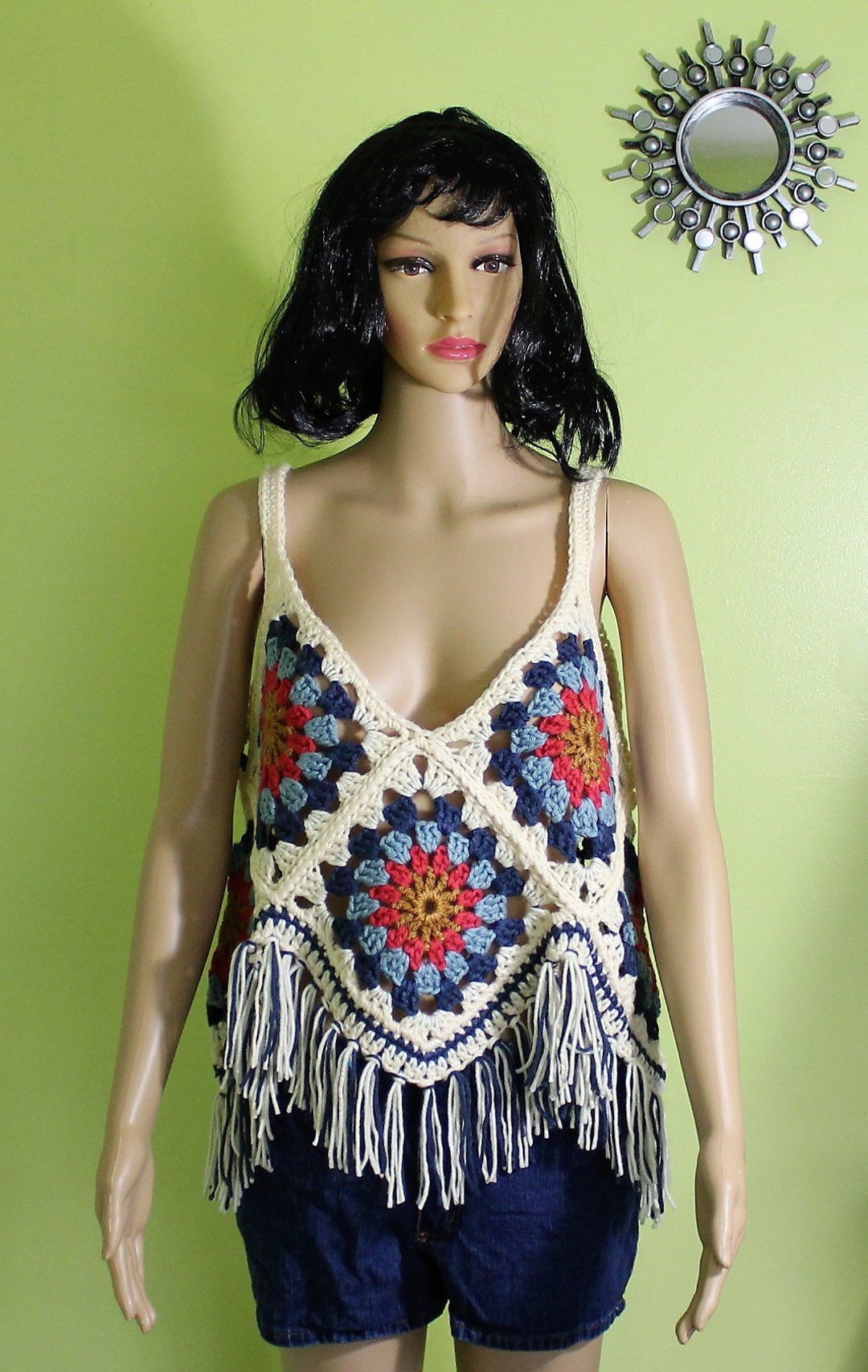 OOAK Women's Boho Granny Square Retro Style Tank Top, Crocheted Hippie ...