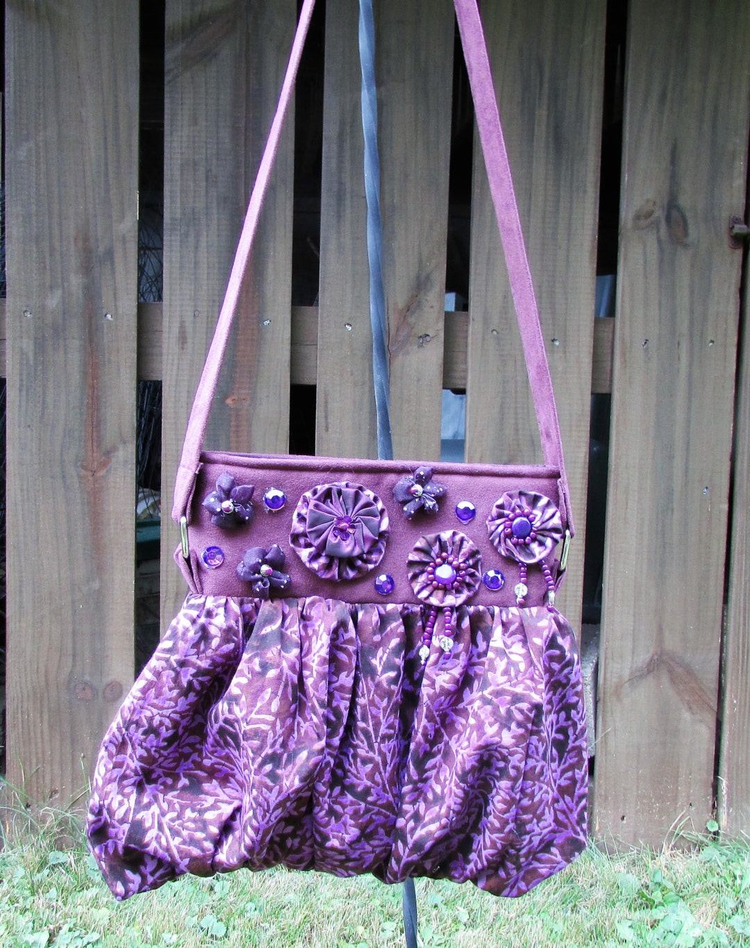 Flower Embellished Gathered Fabric Handbag Boho Style Shoulder Purse ...