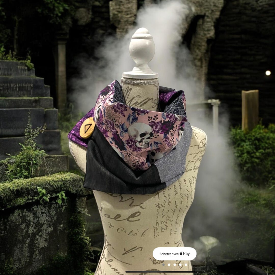 Scarf, Skulls, Death's Heads, Flowers, Mauve, Pink, Navy, Large Buttons ...