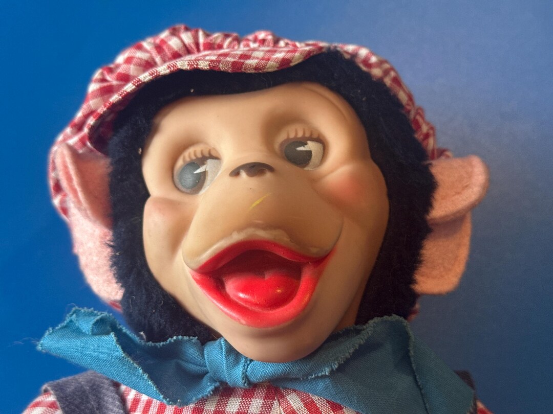 Vintage Gund Rubber Face 12" Monkey Plush Toy Mint With Cap & Overalls ...