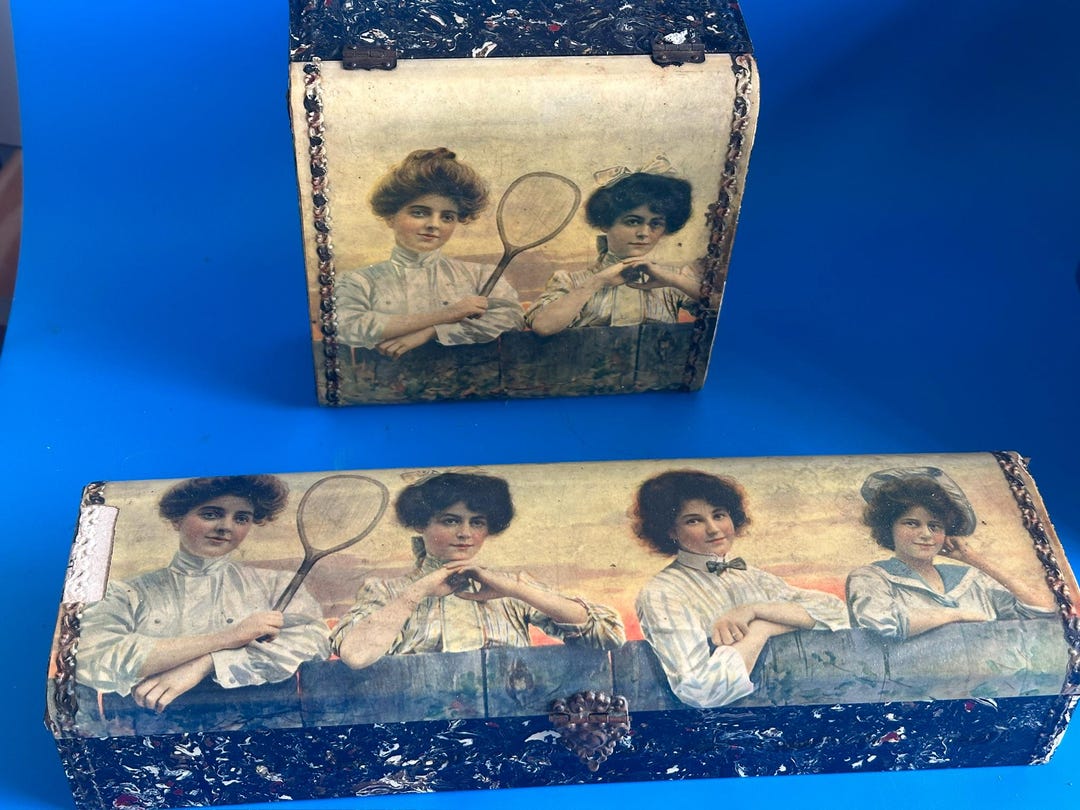Antique TENNIS Vanity Trinket & Collar Box Pair 1908 THREE QUEENS Motif ...
