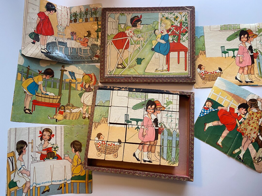 Vintage German Cloth Rag Doll Tea Set Party Lithographed Toy Puzzle ...