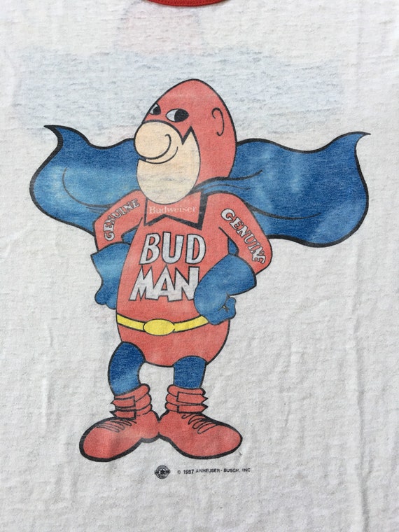 1987 BUDWEISER BUD MAN Thrashed Paper Thin Vintage T … - Gem
