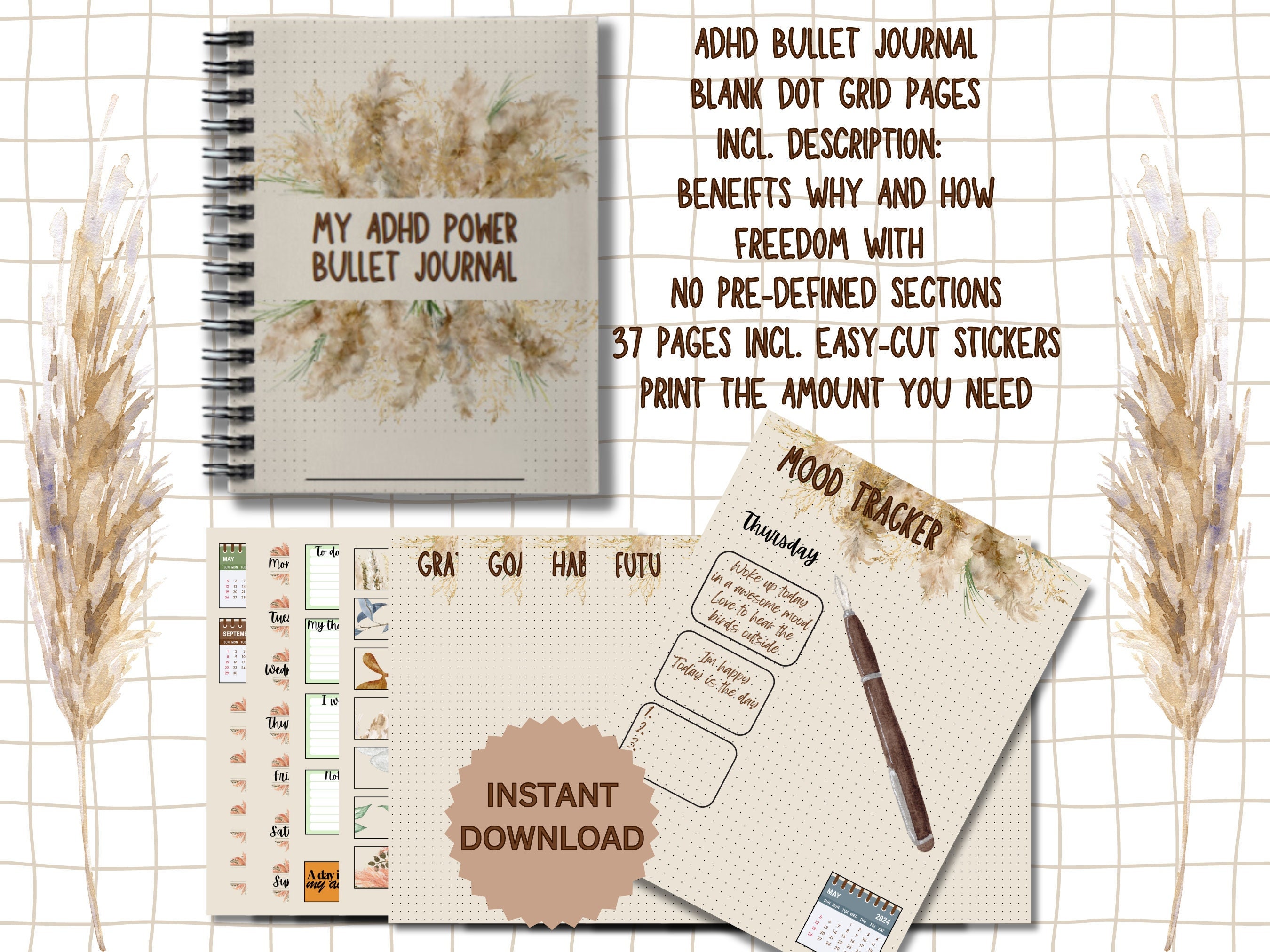 ADHD Bullet Journal Printable Dot Grid Journal Undated Planner Calming ...