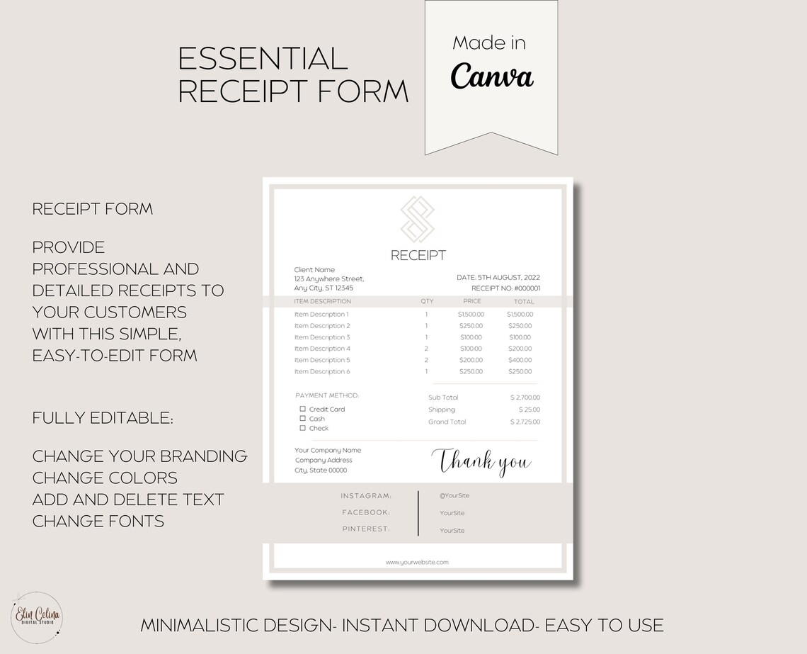 Editable Receipt Template for Small Business Editable Canva Receipt ...