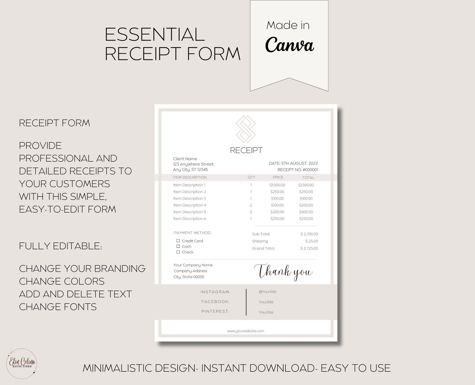 Editable Receipt Template for Small Business Editable Canva Receipt ...