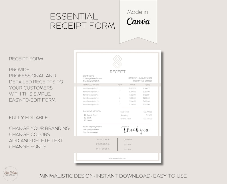 Editable Receipt Template for Small Business Editable Canva Receipt ...