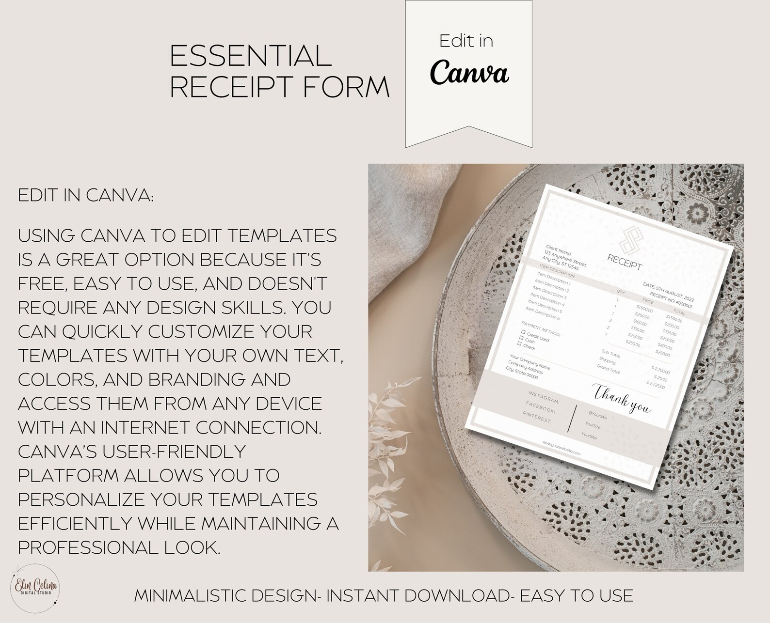 Editable Receipt Template for Small Business Editable Canva Receipt ...