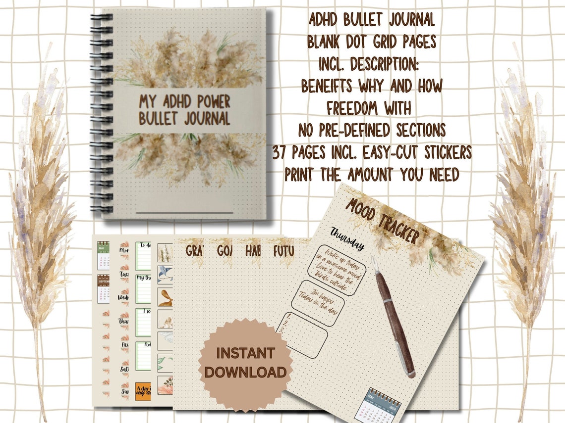 ADHD Bullet Journal Printable Dot Grid Journal Undated Planner Calming ...