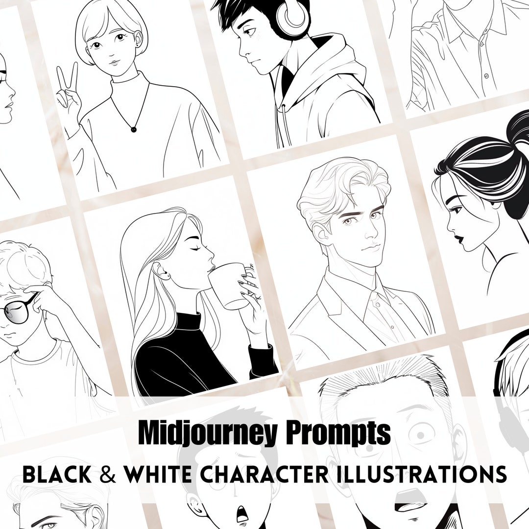 Midjourney Prompts, Black and White Character Illustrations, Flat ...