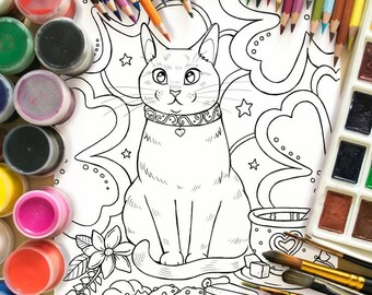 PRINTABLE Cute Kitty Cats Coloring Page, Hand-drawn Coloring Sheet, Cat ...