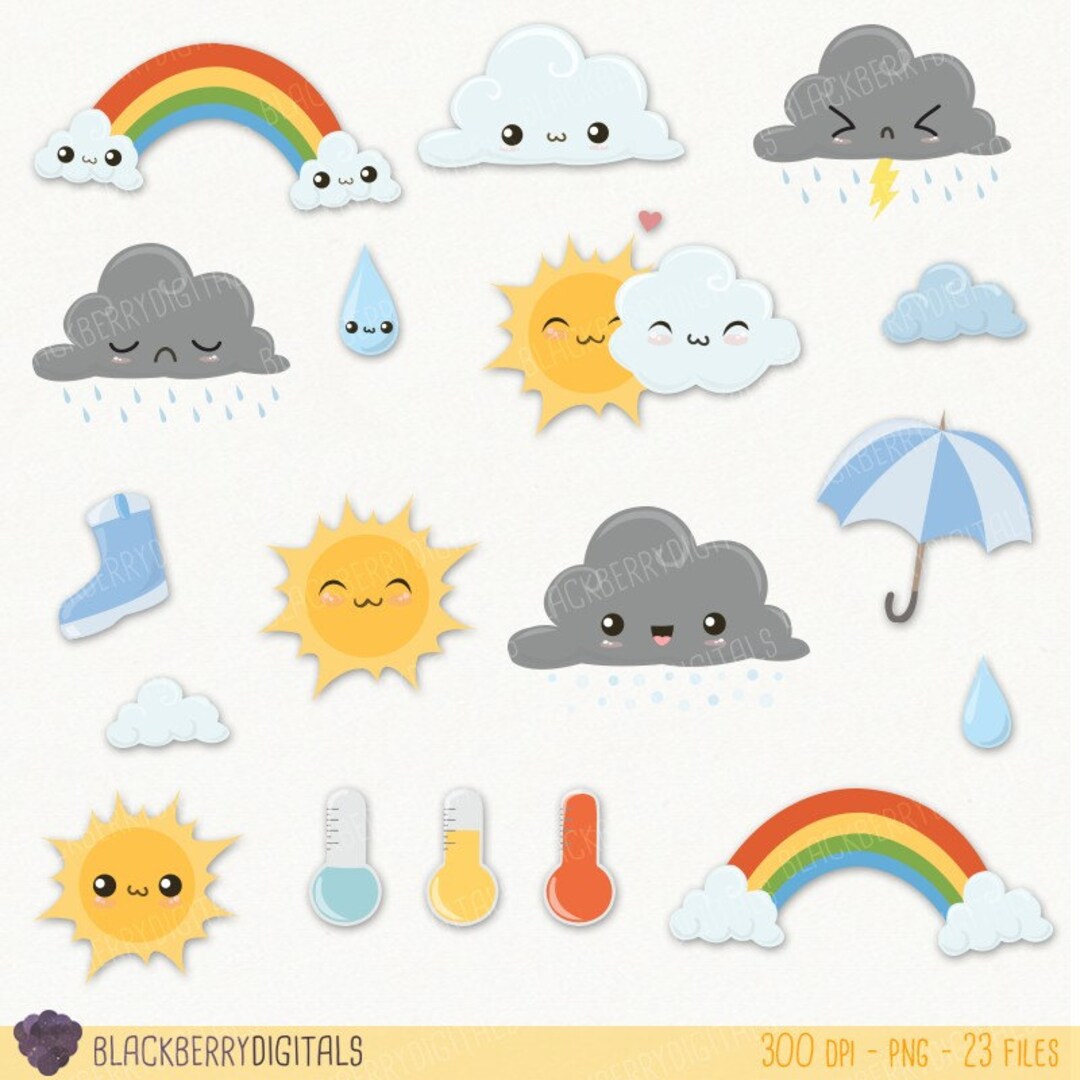 Weather Clipart Set, Cute Weather Clip Art, Kawaii Weather, Kawaii ...