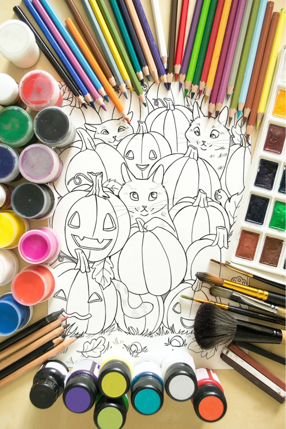 Cute Cat Coloring Page, Hand-drawn Halloween Coloring Sheet, Cat ...