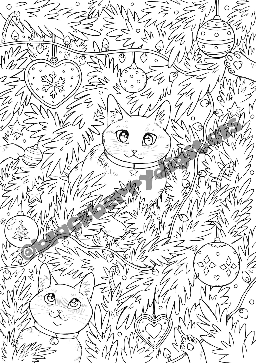 Cute Cat Coloring Page, Hand-drawn Christmas Coloring Sheet, Cat ...