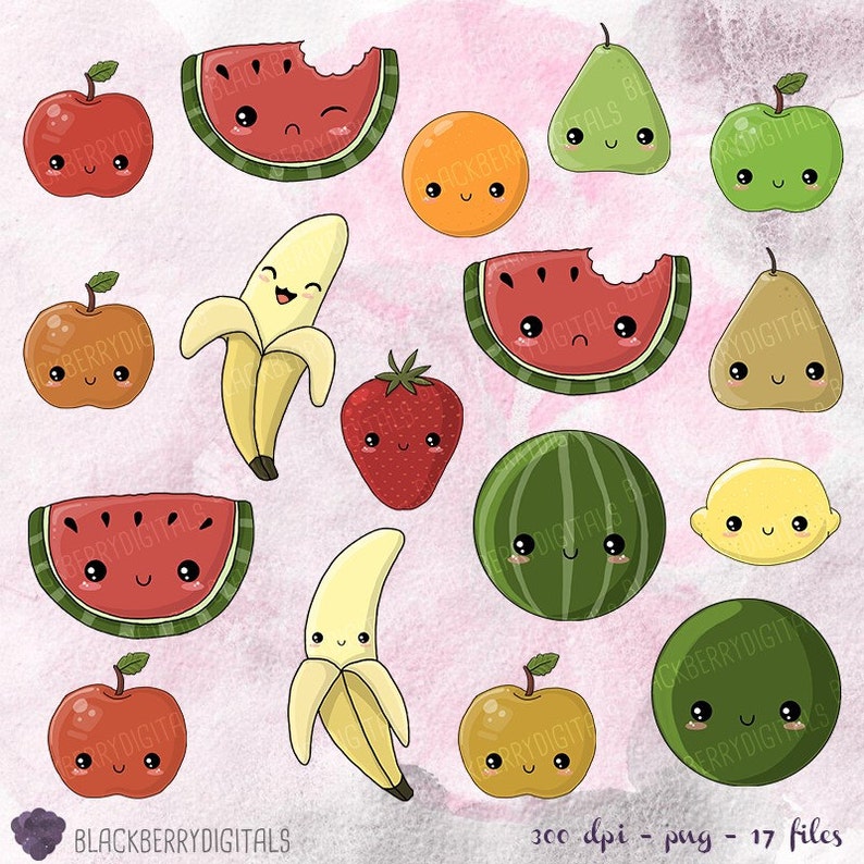 Kawaii Fruit Clipart, Fruit Clip Art, Kawaii Clipart, Cute Fruit ...