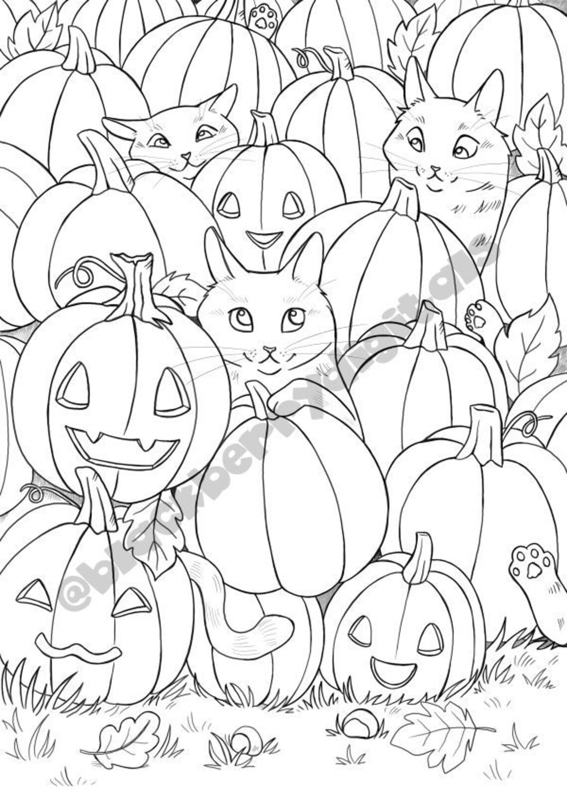 Cute Cat Coloring Page, Hand-drawn Halloween Coloring Sheet, Cat ...