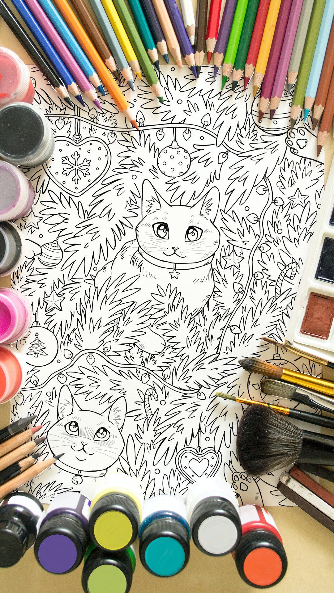 Cute Cat Coloring Page, Hand-drawn Christmas Coloring Sheet, Cat ...