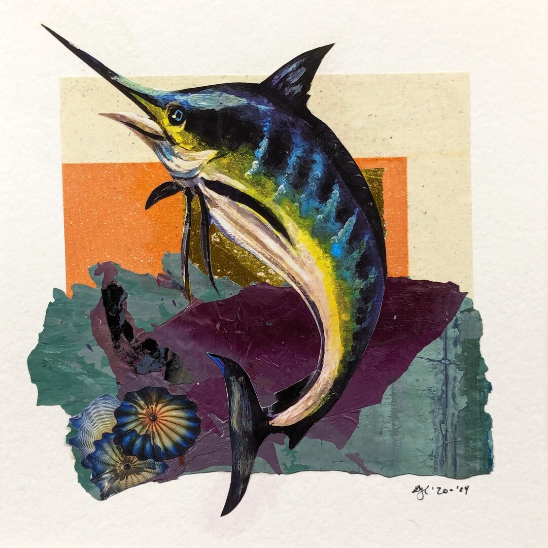 Handmade Swordfish Collage Art: Peeled Paint Marine Life Wall Art ...
