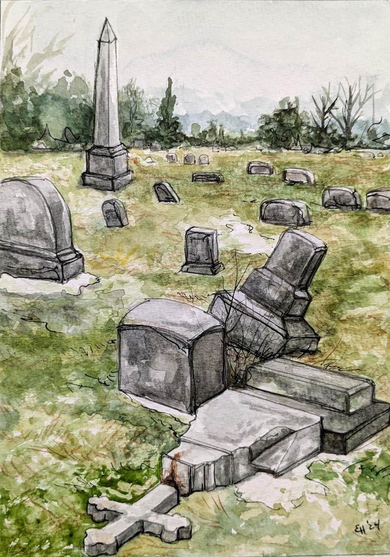 Original Spooky Cemetery Watercolor Painting: Gothic Landscape Art ...