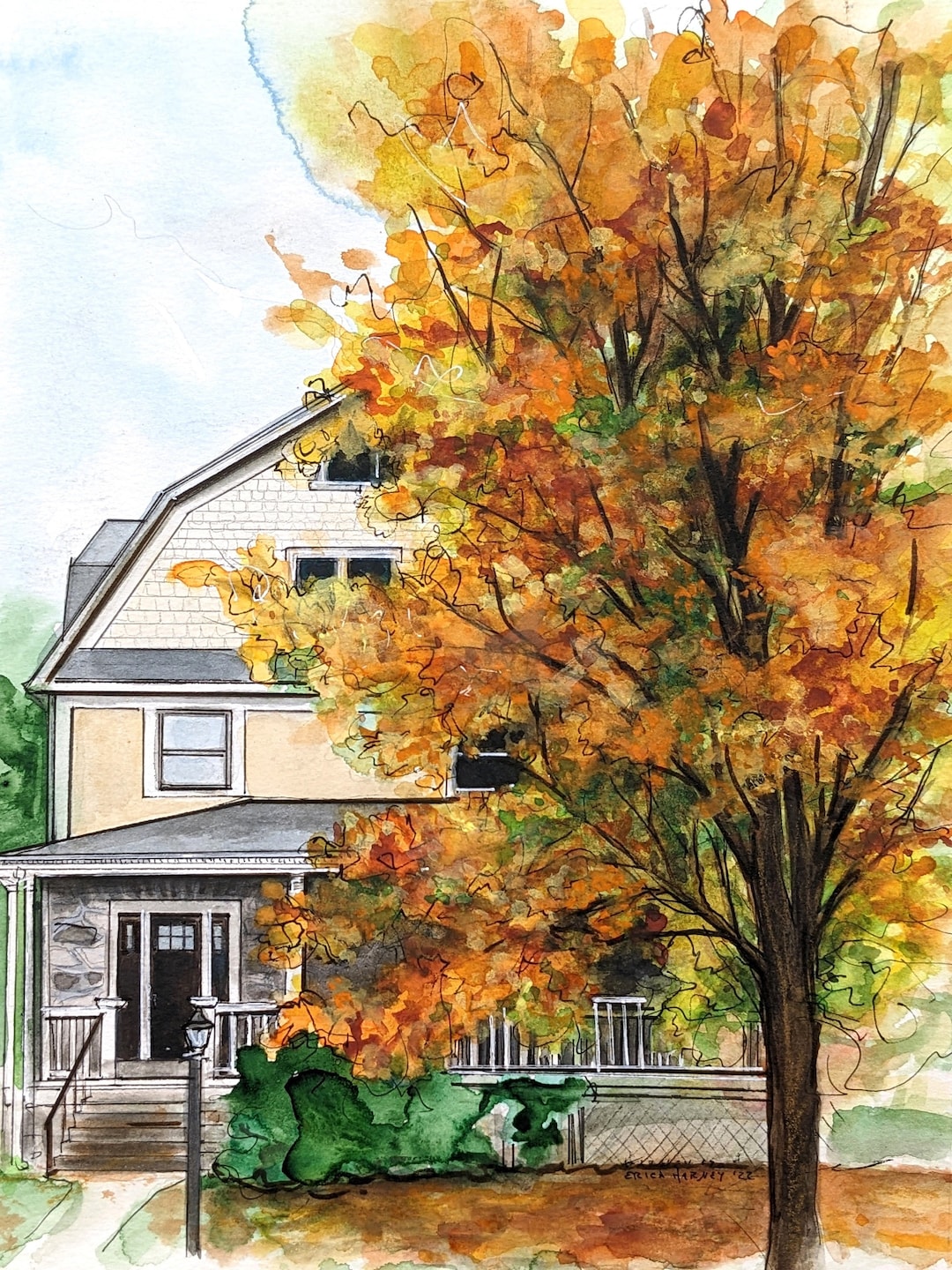 Philadelphia Dutch Colonial: Original Watercolor Fall Landscape Art - Etsy
