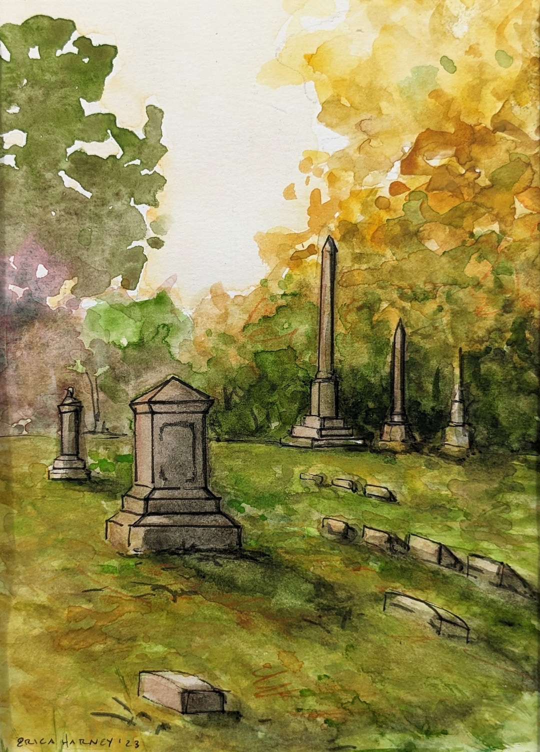 Original Cemetery Watercolor Painting: Autumn Landscape Art ...