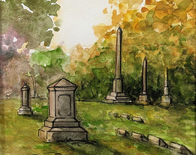 Original Cemetery Watercolor Painting: Autumn Landscape Art ...