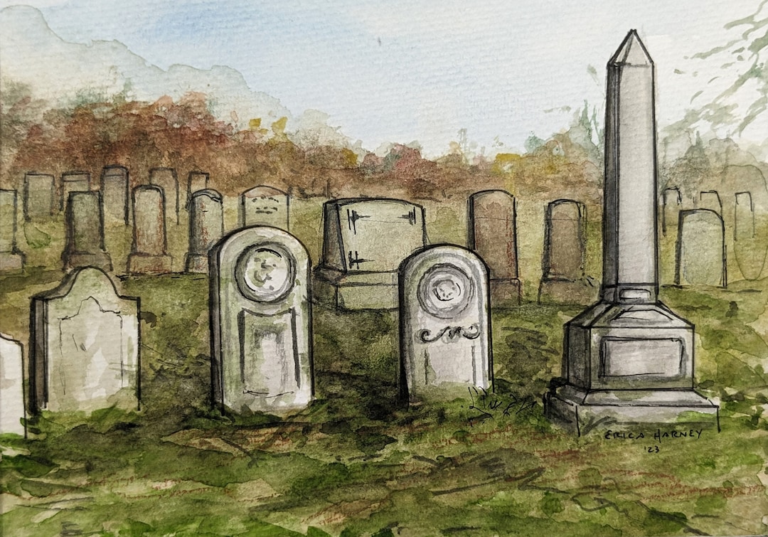 Original Handpainted Watercolor Painting, Spooky Cemetery Watercolor ...