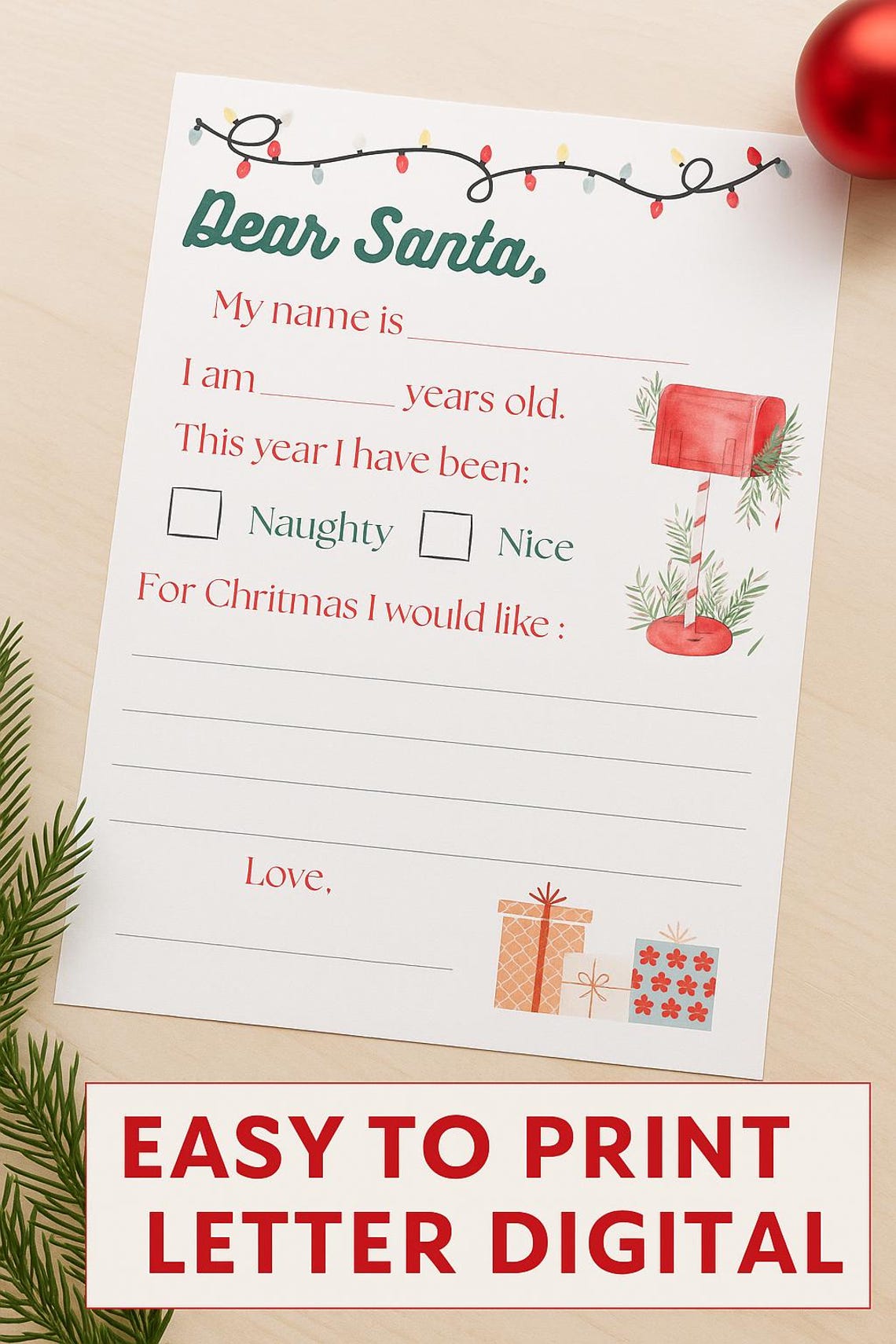 Letter to Santa Printable | Digital Download - Etsy