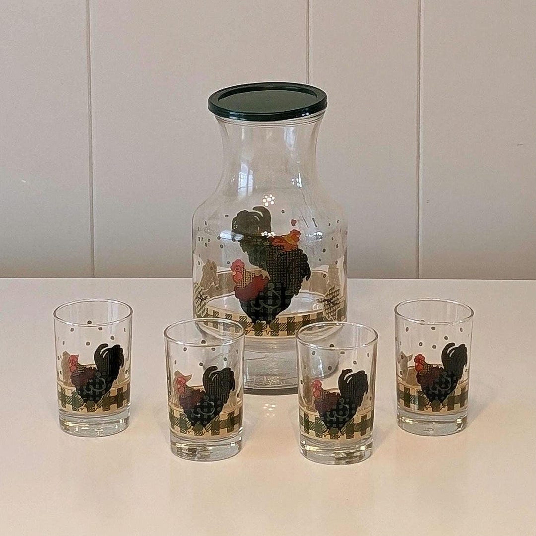 Rooster Anchor Hocking Vintage Rooster & Oak Leaf Juice Decanter With ...