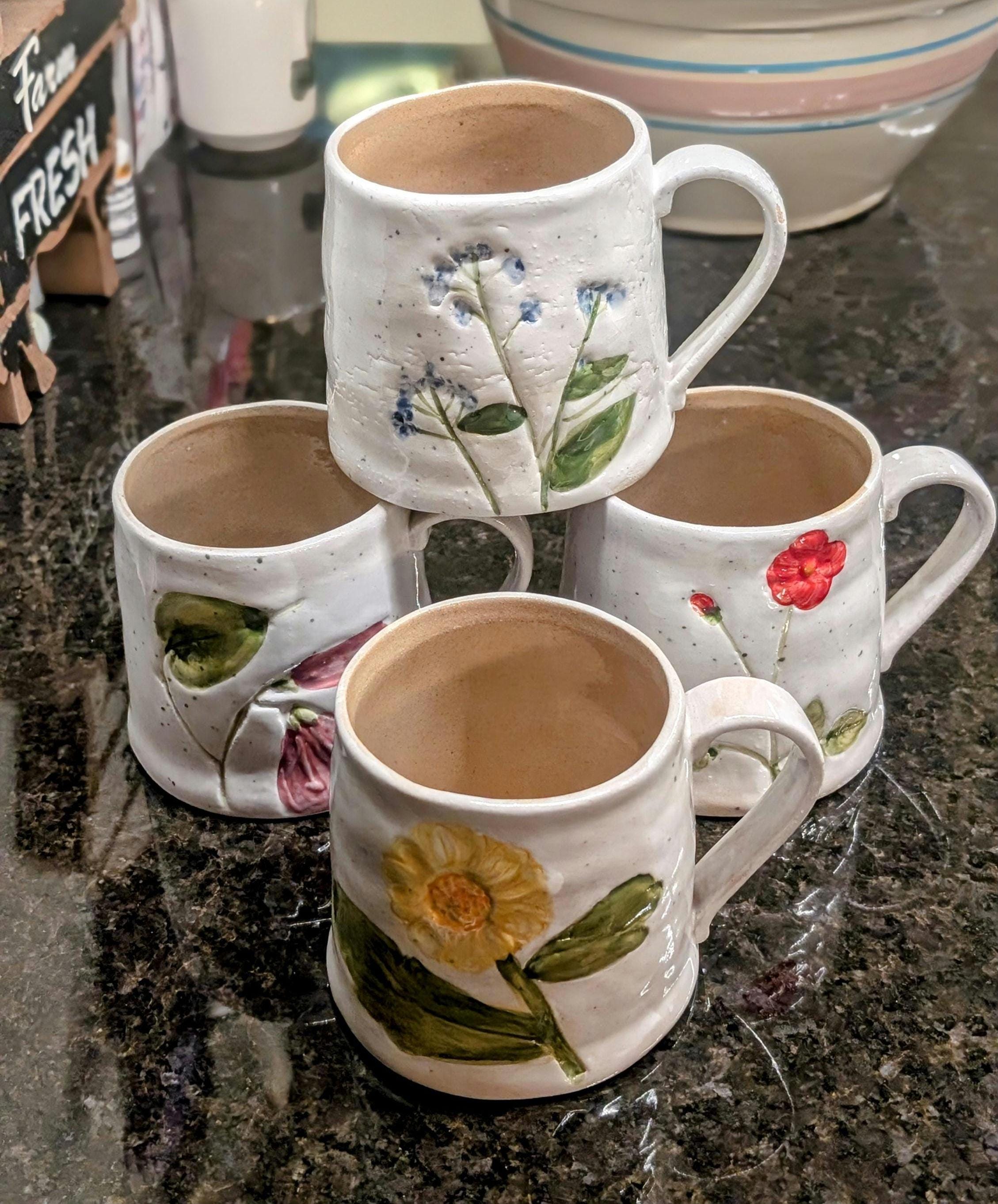 Botanical Ceramic Pottery Mugs, Set of Four - Etsy