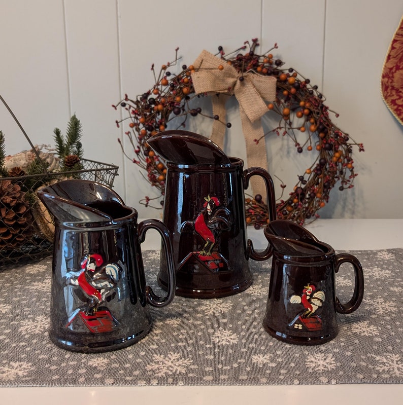 Vintage Redware Pottery Pitchers: Rooster Design, Farmhouse Kitchen ...