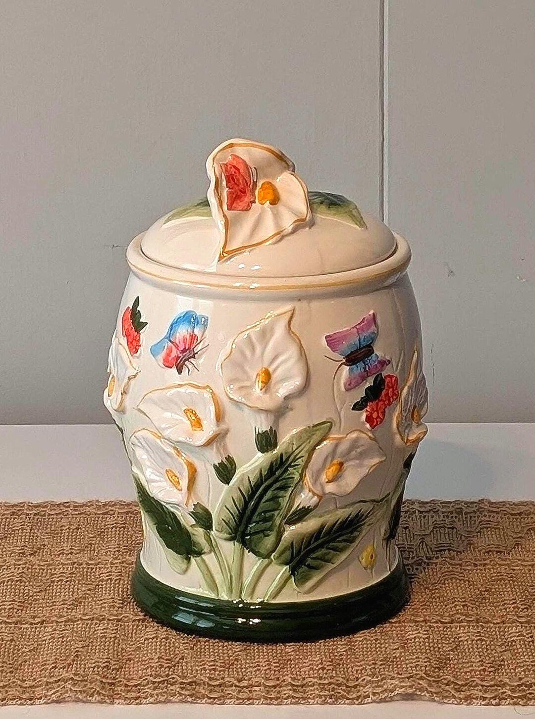 Large Ceramic Majolica Canister Featuring a Design of Calla Lilies and ...