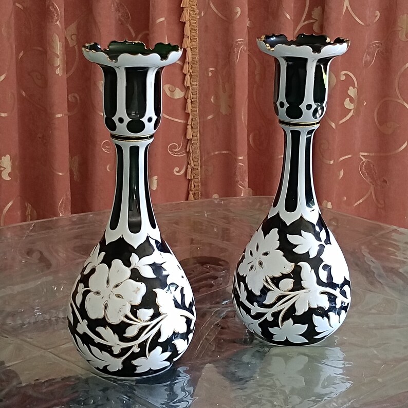 Pair of VTG Bohemian Glass Vases, Green Bohemia Glass With Overlay ...