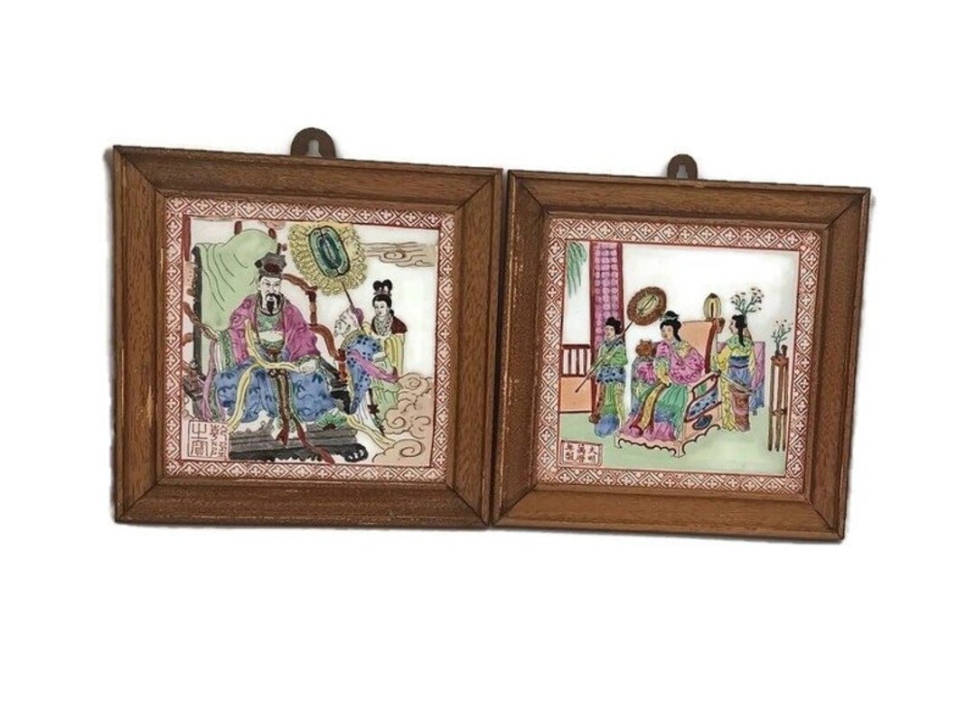 Oriental Tiles Set, Chinese Royalty Ceramic Tiles, Set of 2 Framed ...