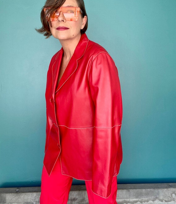Vintage Red Leather 90s Women Jacket Red Leather Blaz… - Gem