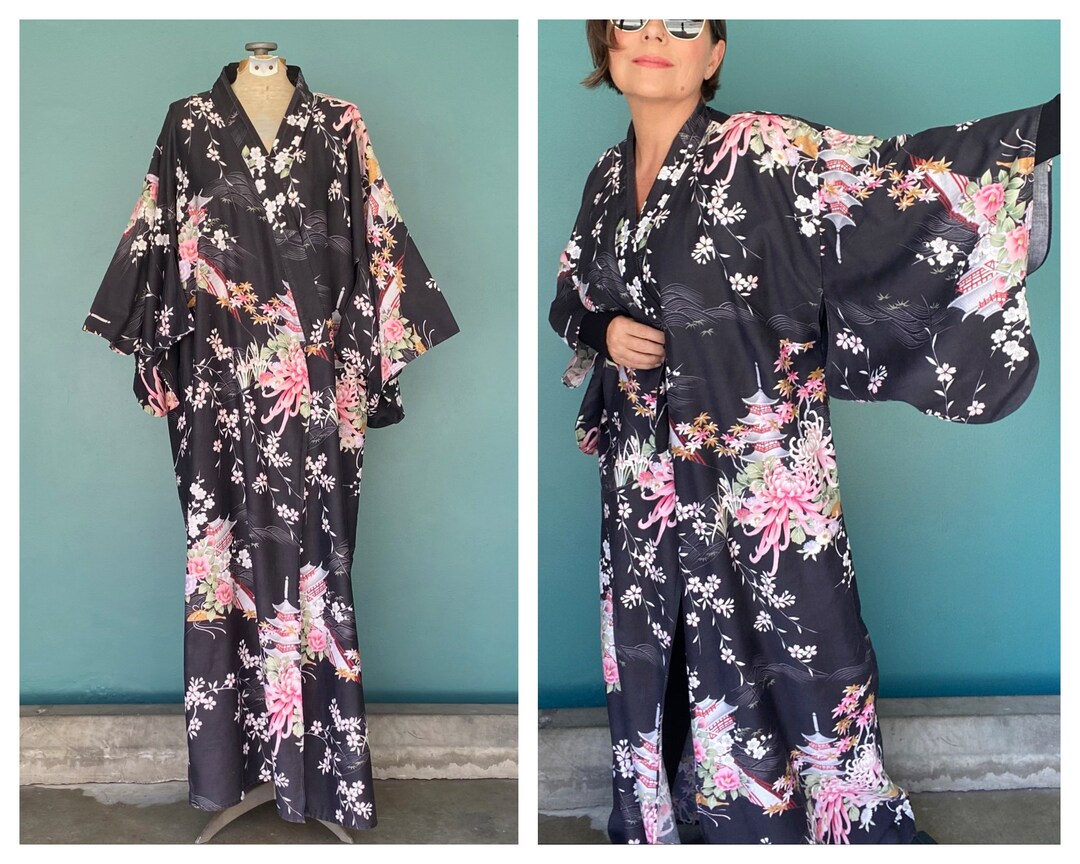 Vintage Japanese Long Floral Kimono Women Long Kimono Boho Kimono Robe ...