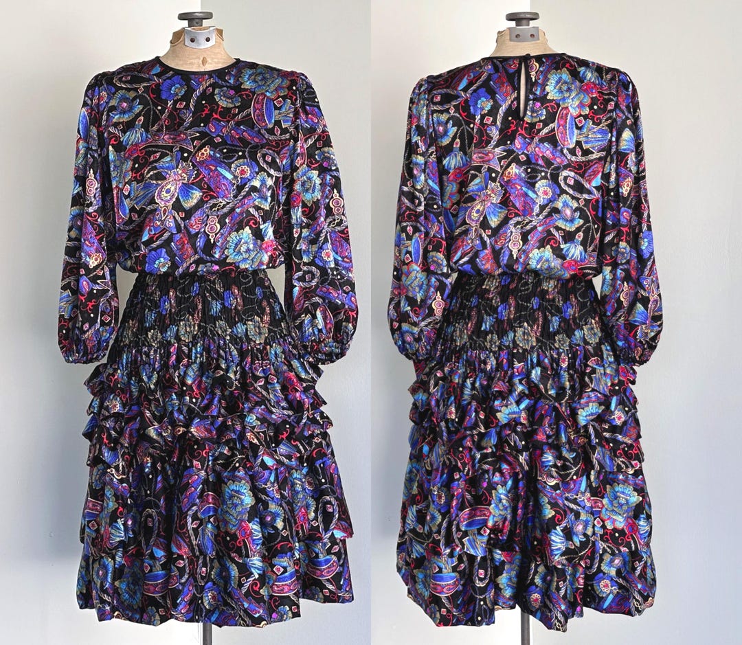 Vintage Diane Freis Dress Floral Ruffle 80s | Womens Petite Designer ...