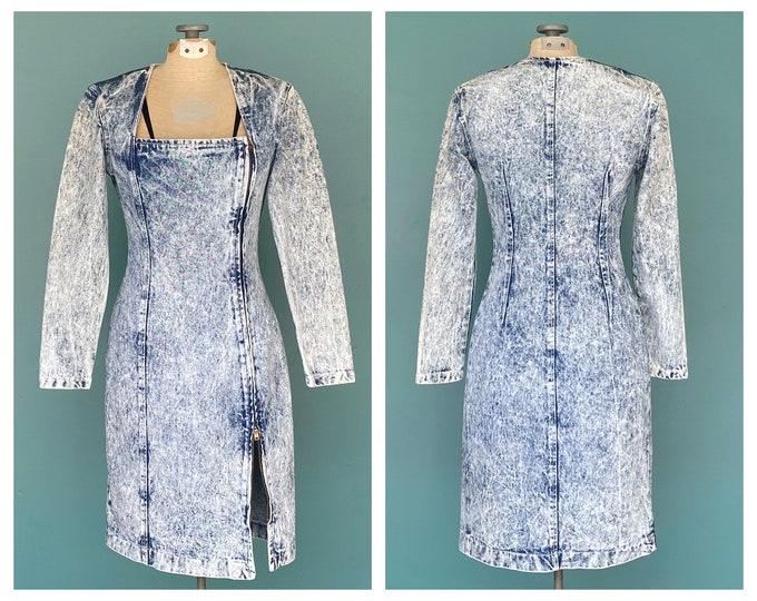 Acid Wash Denim Dress Bodycon Dress 80s Dress Light Blue Dress Zipper ...
