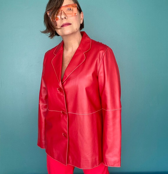 Vintage Red Leather 90s Women Jacket Red Leather Blaz… - Gem