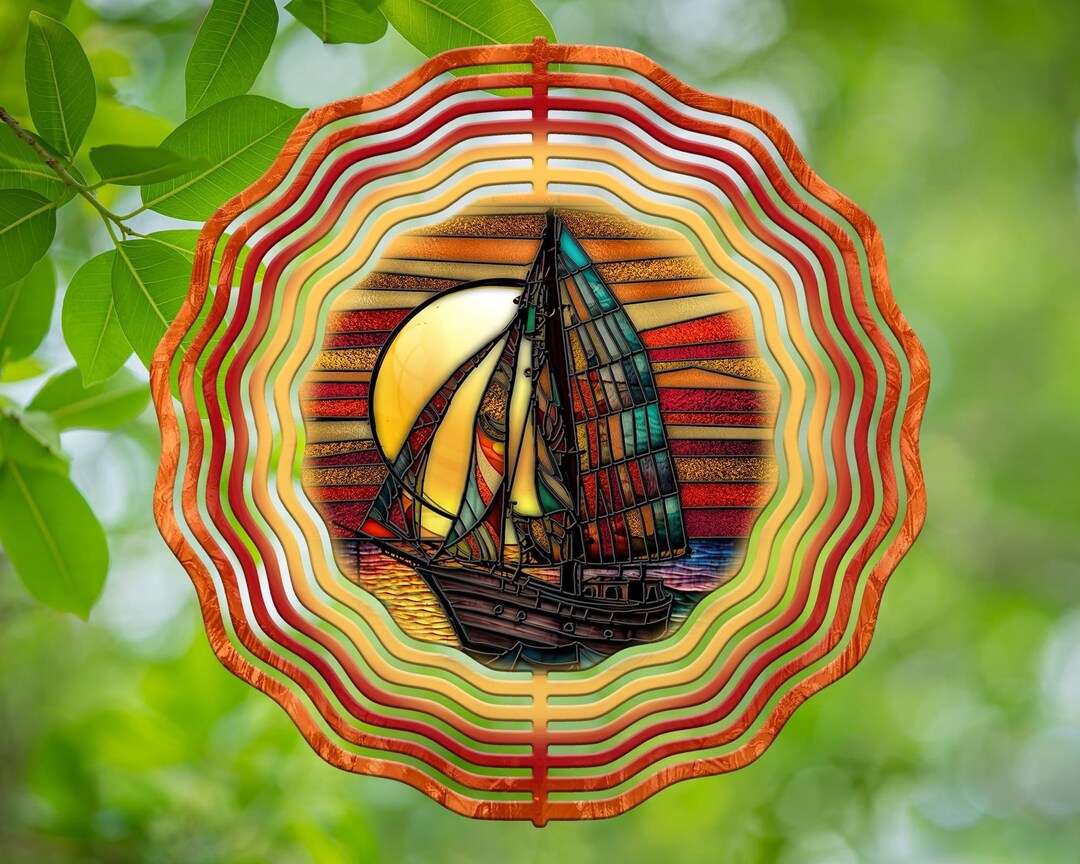 8 or 10 Aluminum Stained Glass Sunset Sailboat Nautical Wind Spinner ...