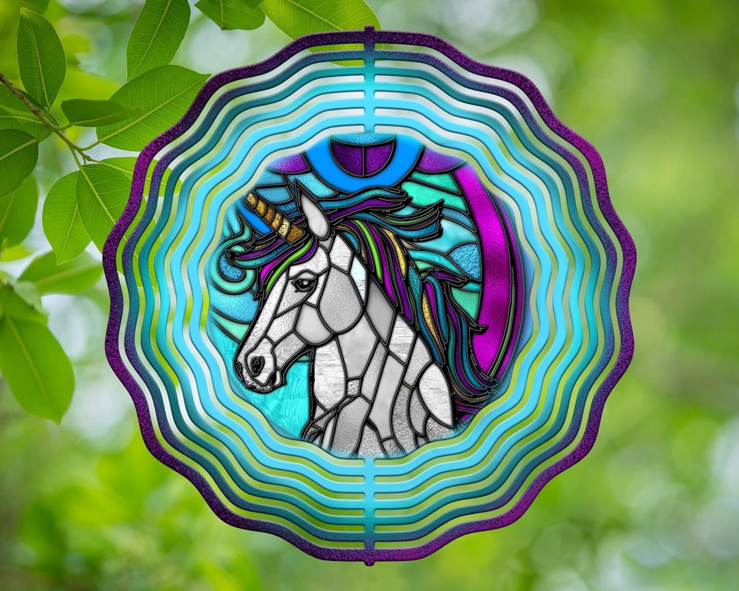 8 or 10 Aluminum Stained Glass Unicorn Wind Spinner / Garden Decor ...