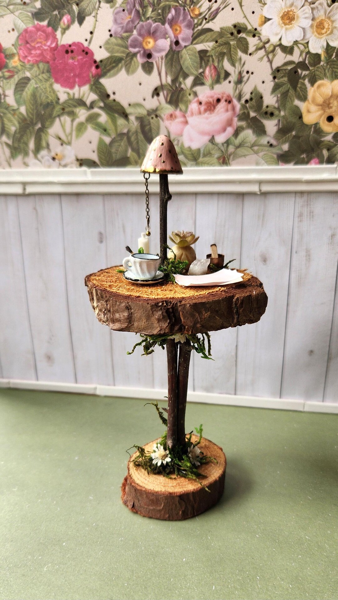 Handmade Fairy Garden Table: Miniature Forest Decor With Mushroom Lamp ...
